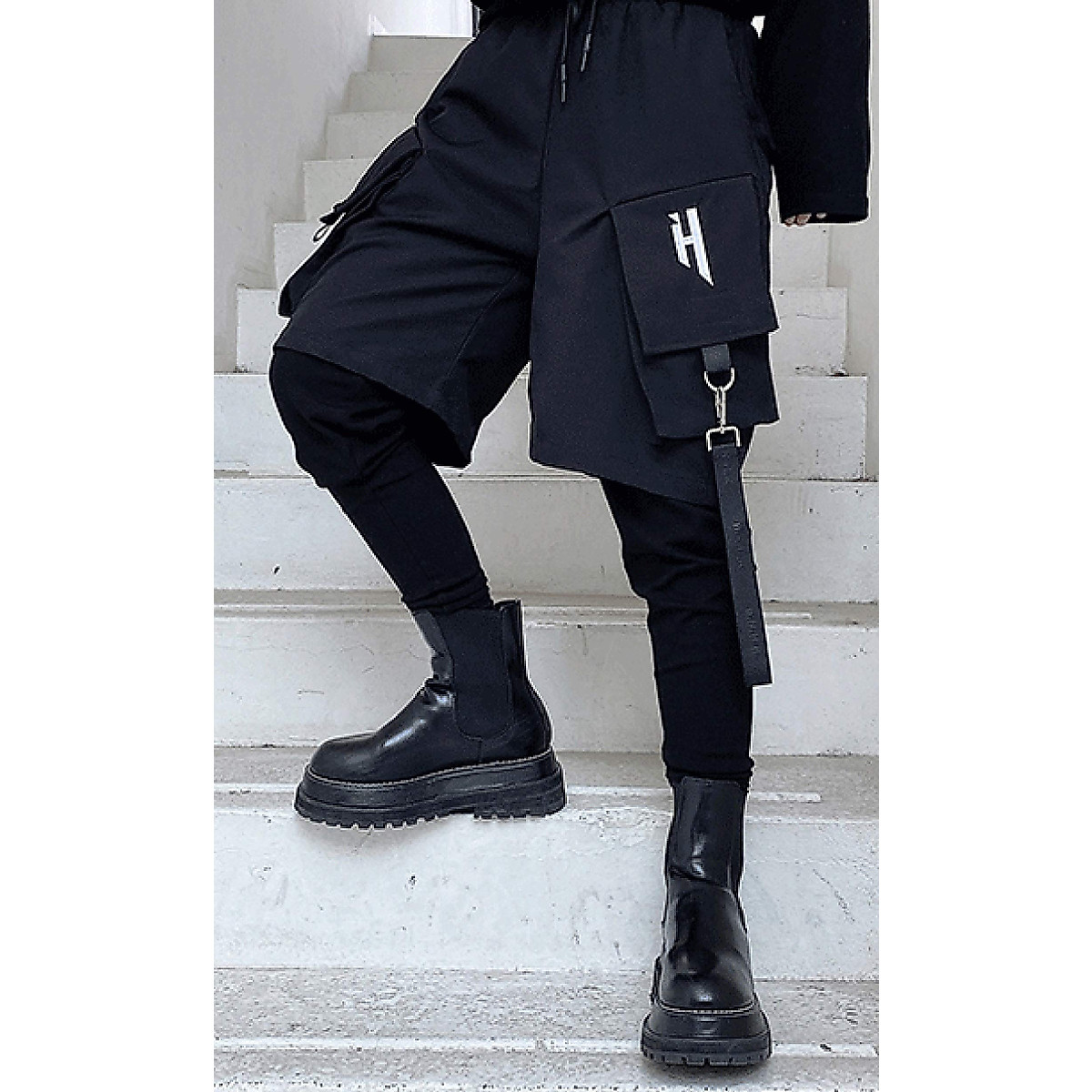 Yonititeee Mens Multi Pockets with Straps Cargo Techwear Joggering Pants Black Waist 34-35 Inches