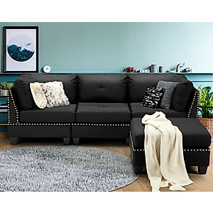 Esright 88.6” Convertible Sectional Sofa Couch with Ottoman, Modern Tufted Linen Fabric L-Shaped Couch with Reversible Chaise, Suitable for Office,Living Room and Hotel Lobby, Black