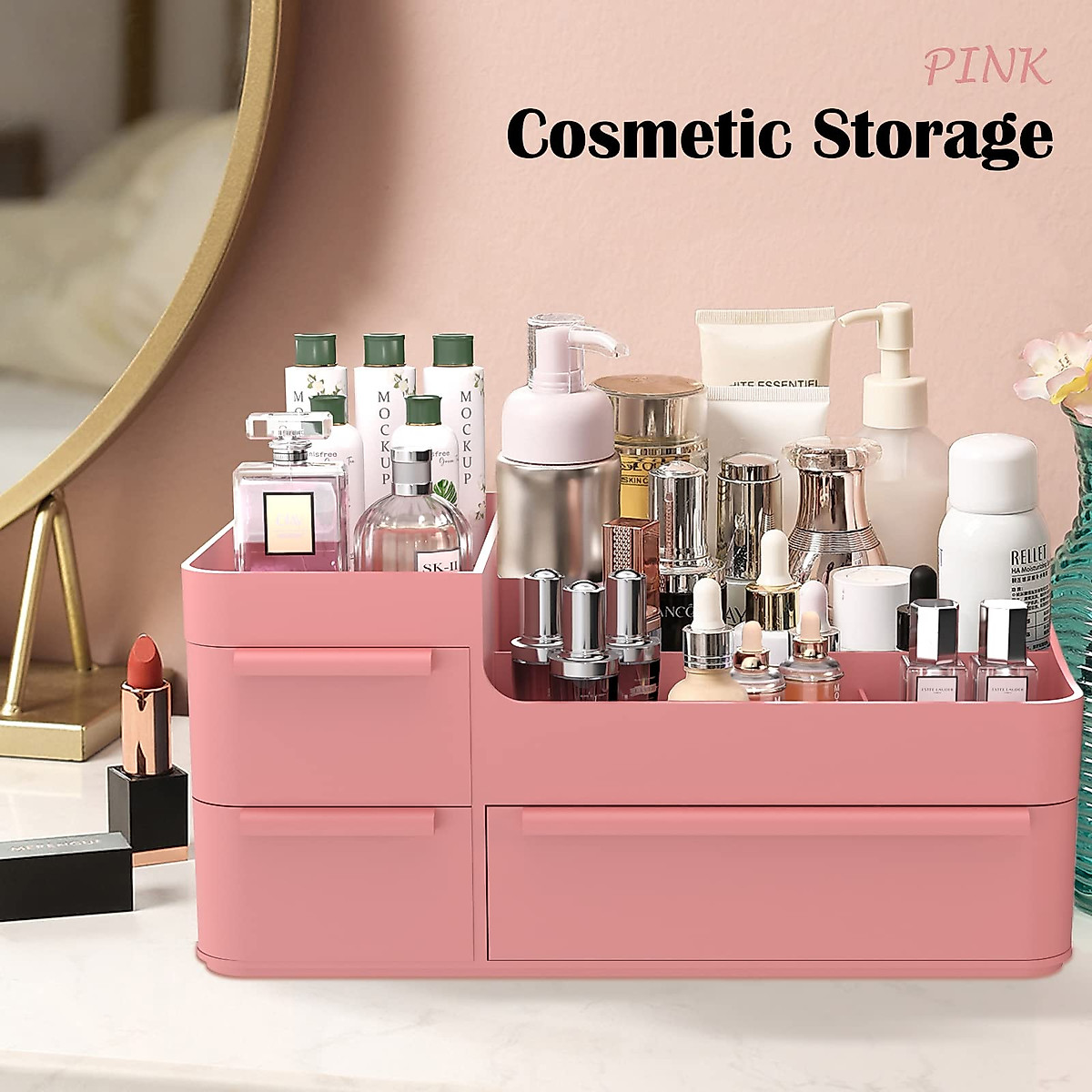 Makeup Organizer with Drawers, Countertop Organizer for Vanity, Bathroom and Bedroom Desk Cosmetics Display Case for Brushes, Lotions, Perfumes, Eyeshadow, Lipstick and Nail Polish