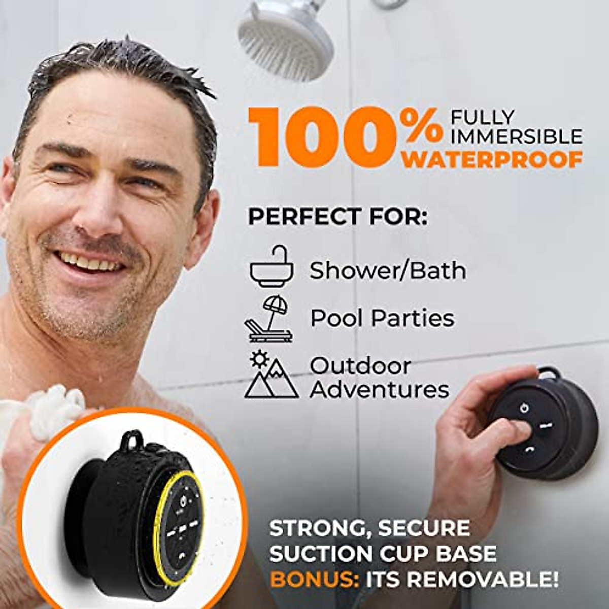 iFox Portable Bluetooth Shower Speaker, IPX7 Waterproof Outdoor Wireless Speaker, Built-in Mic, Carabiner, Beach, Camping, Hiking, Pool, Great Gift, Black/Gold