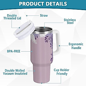 PaChyLuu 40 oz Insulated Tumbler with Handle and Straw Lid, Lilac Flowers Leak-Proof Stainless Steel Travel Coffee Mug for Car Cup Holder