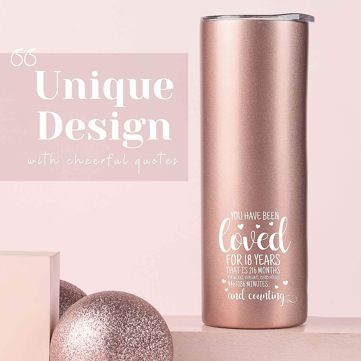 Onebttl 18th Birthday Gifts for Girls, Women, Her - 18 and Fabulous -20oz/590ml Stainless Steel Insulated Tumbler with Straw, Lid, Message Card - (Rose Gold)