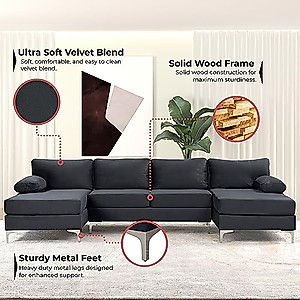 Casa Andrea Milano Modern Large Velvet Fabric U-Shape Sectional Sofa, Double Extra Wide Chaise Lounge Couch