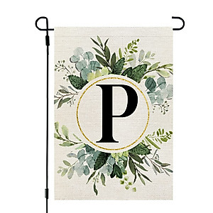 CROWNED BEAUTY Monogram Letter P Garden Flag Floral 12x18 Inch Double Sided for Outside Small Burlap Family Last Name Initial Yard Flag CF778-12