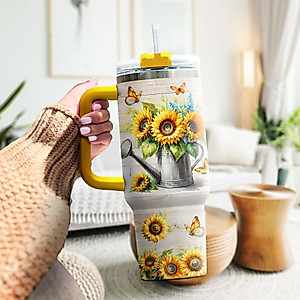 99OWL Cups Tumblers Women Butterfly Coffee Lavender Handle For Yellow, Sunflower Gifts, Tumbler 40 Oz With Handle Lid And Straw, Sunflower Canvas Cover