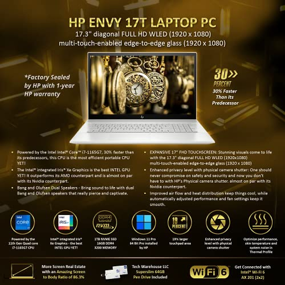 HP Envy 17T 2021,i7-1165G7 11th Gen Quad Core,16GB RAM,1 TB NVMe SSD, 17.3" FHD 1080p Touch,Thunderbolt 4,Win 11 PRO,WiFi 6,B&O Speakers,USB-A,Intel Xe Graphics,4 Cell, 64GB Tech Warehouse Flash Drive
