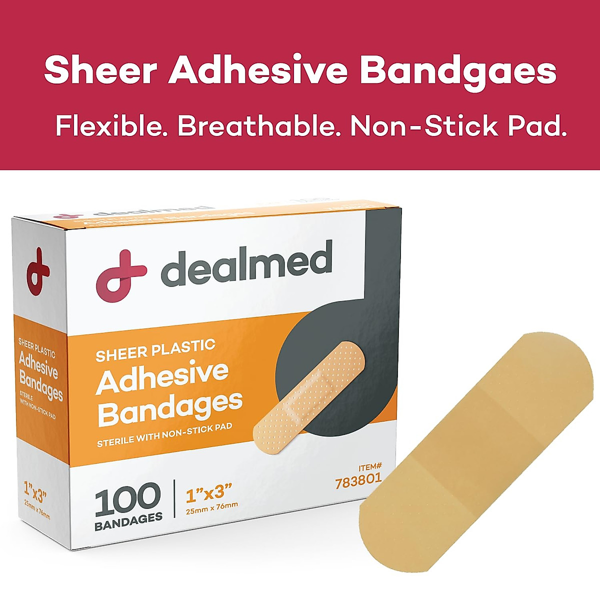 Dealmed Sheer Plastic Flexible Adhesive Bandages – 100 Count (2 Pack) Bandages with Non-Stick Pad, Latex Free, Wound Care for First Aid Kit, 1" x 3"