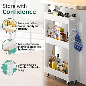 OKZEST Rolling Slim Storage Cart, 3-Tier Narrow Utility Kitchen Cart on Wheels, Metal Narrow Storage Cabinet Organizer Cart for Small Spaces in Laundry Room, Kitchen, Bathroom - 5-Inch Width