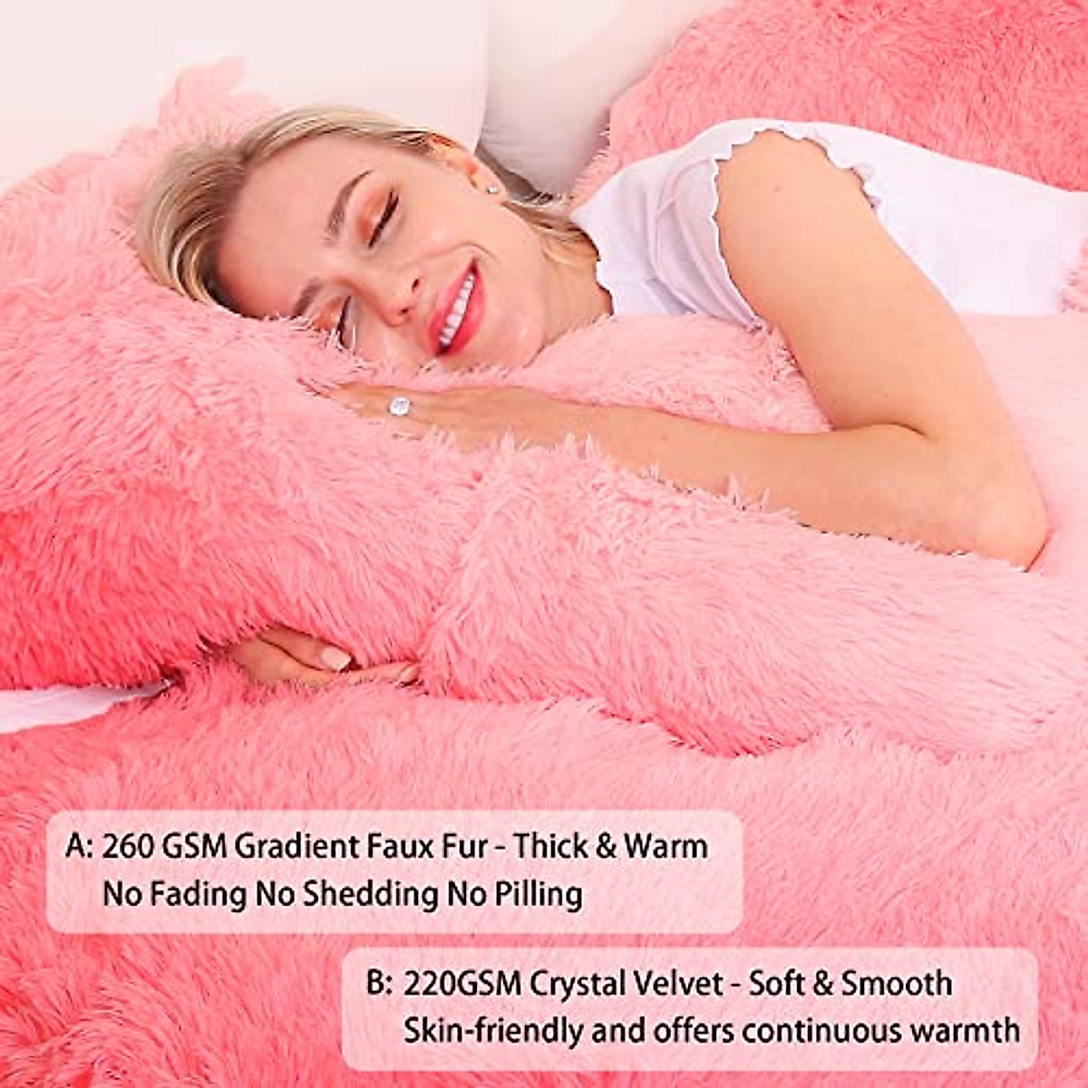 greenoak Duvet Cover Queen Size, Fluffy Luxury Plush Shaggy Duvet Cover Sets Velvet Bedding (1 Faux Fur Duvet Cover + 2 Pillowcases) Comforter Bed Sets 3 Pieces, Zipper Closure (Gradient Pink)