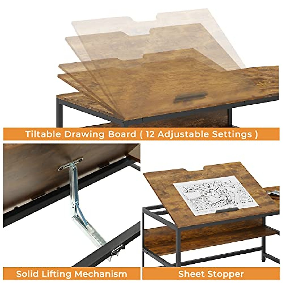 SEDETA L Shaped Desk, 68.9 inches Corner Computer Desk with Monitor Stand Riser, Drafting Drawing Table with Tiltable Desktop, Workstation Study Writing Table Art Desk for Home Office, Rustic Brown
