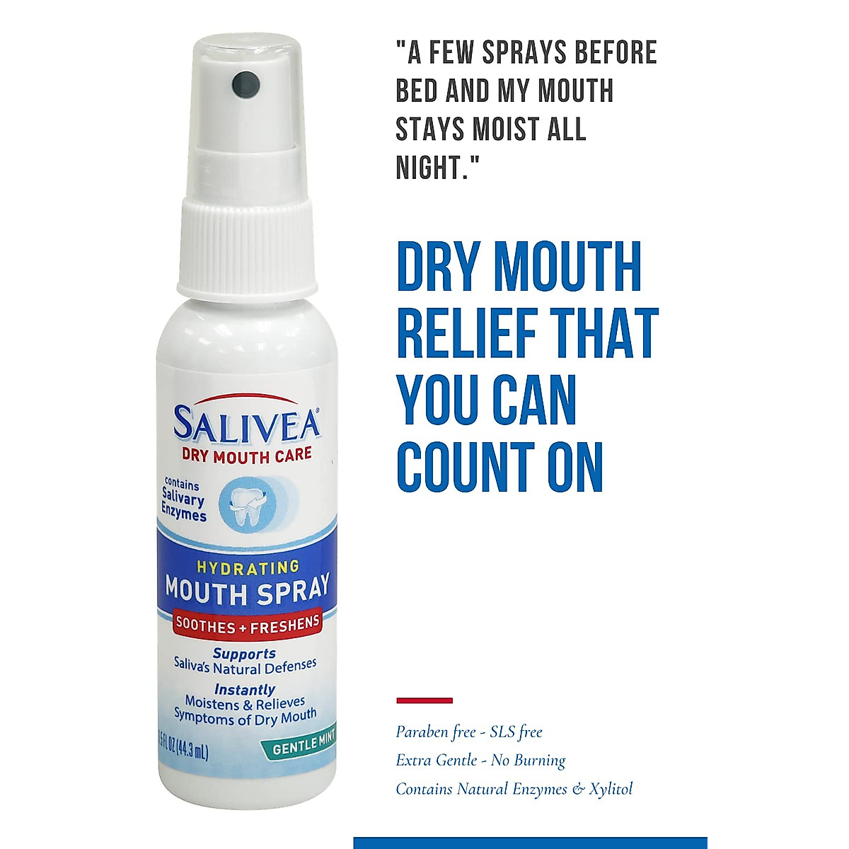 SALIVEA Extra Gentle Dry Mouth Spray - Soothing Mint Mouth Spray with Salivary Enzymes - Moisturizing Mouth Spray to Aid Dry Mouth - Supports Saliva's Natural Defenses - 250 Pumps (1.5oz Bottle)