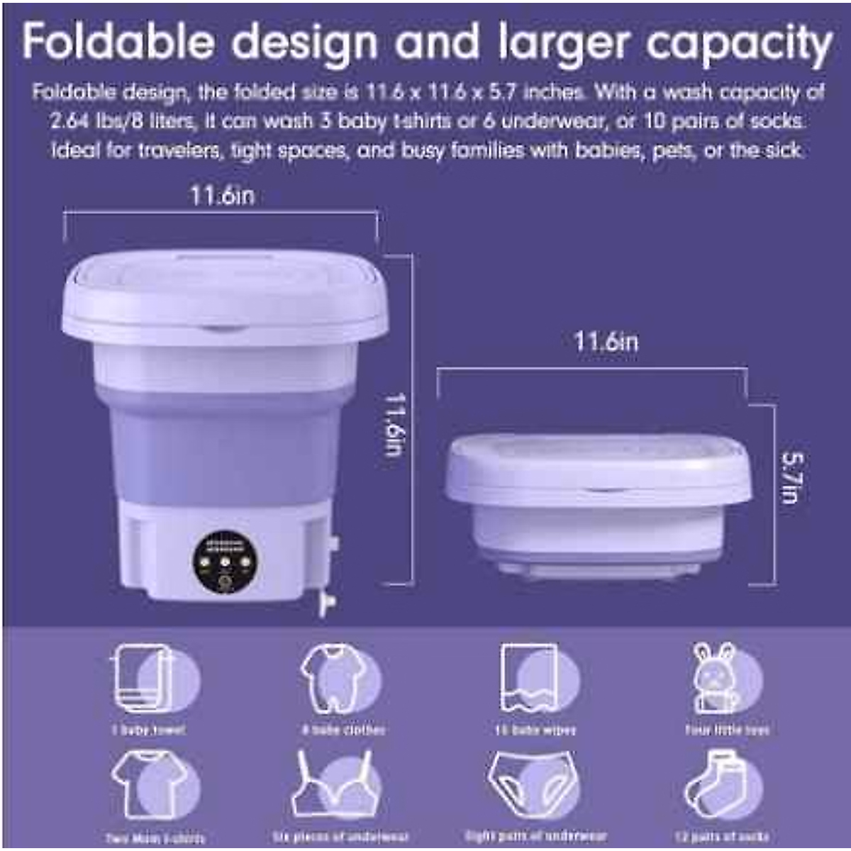 8L Portable Washing Machine For Small Loads, Foldable Mini Washing Machine For Underwear, Bra, Socks, Baby Clothes, towels, or Small Items, Camping, Travel and Home Use