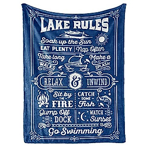 Lake House/Life Gifts Throw, Flannel Blanket for Women Men, 50" x 65" - Funny Lake Rules Quotes - Boating/Fishing Gifts - House Decor Decorations for Home Porch Bed Sofa Room