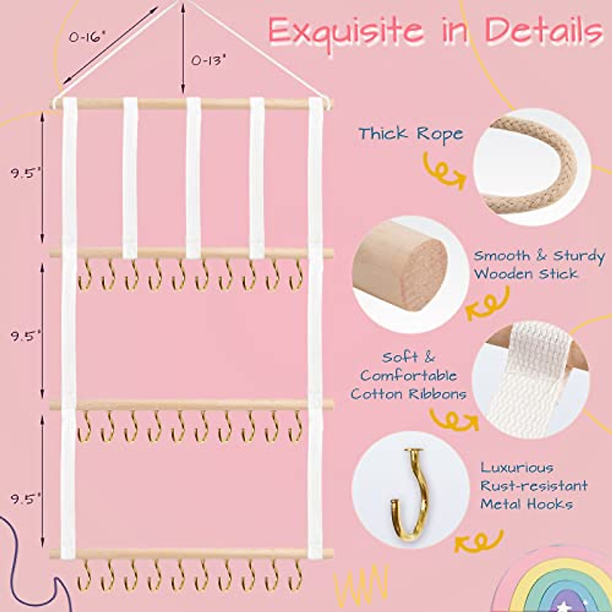 OAOLEER Baby Headband & Bow Holder for Girls Hair Bows, Hanging Baby Headbands Organizer Storage Newborn Headband Holder for Wall, Room, Door or Closet (1Pcs White)