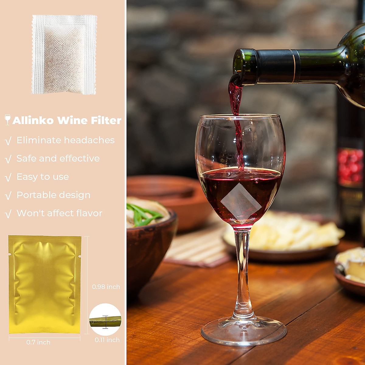 Allinko Wine Filters (48 Pack), Remove Sulfite Tannin and Histamines, All Natural Ingredients, Wine Allergy Sensitivity Prevention, Stop Wine Headaches Nausea