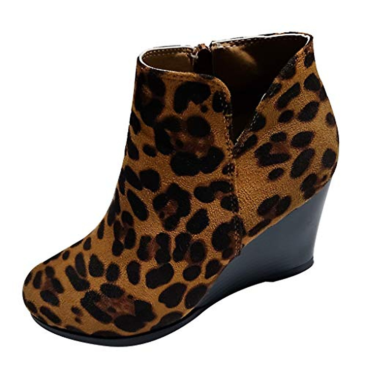 Fheaven Women's Wedge Ankle Booties Fashion Leopard Zipper Short Boots Shoes