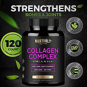 NURTURLY Multi Collagen Peptides Powder Capsules - Hydrolyzed Collagen Peptides Types (I, II, III, V & X) - Collagen Supplements for Joint Health, Anti-Aging, Hair, Skin & Nails - 120 Capsules