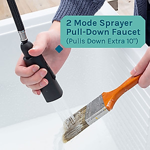 White Utility Sink by JS Jackson Supplies, Tehila Luxe Laundry Tub, Matte Black Hi-Arc Pull-Down Faucet, Soap Dispenser