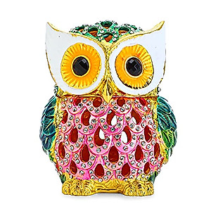 YU FENG 2.9inch Hollow Owl Trinket Box Hinged Hand-painted Enamel Jewelry Organizer with Crystals Ring Earrings Storage Novelty Animal Figurine Collectible