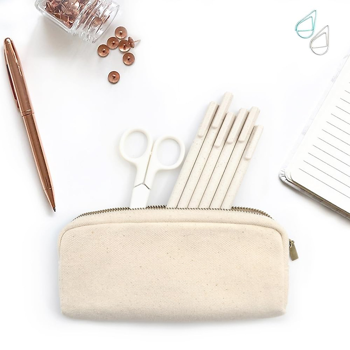 Pencil Pen Case, Dobmit Big Capacity Pencil Pouch Canvas Makeup Bag for Girls and Boys Durable Office Stationery Organizer - Beige