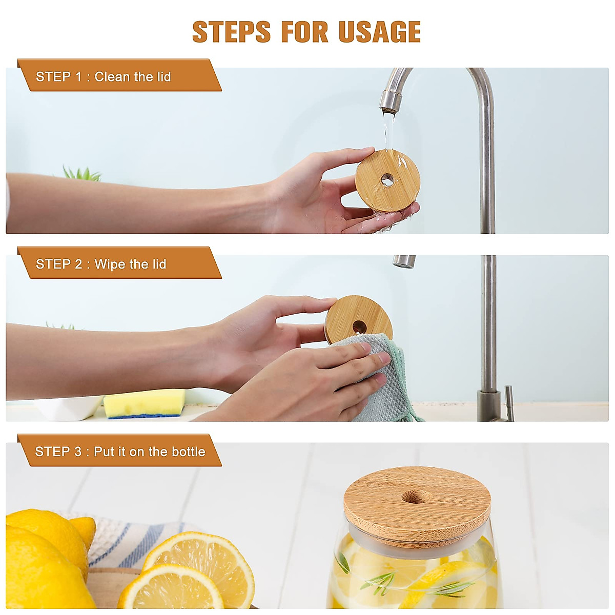 DOITOOL 16Pcs Bamboo Jar Lids with Straw Hole,Reusable Bamboo Lids for Beer Can Glass,Bamboo Mason Jar Lids with Straw Hole for Regular Mason Jar 70MM