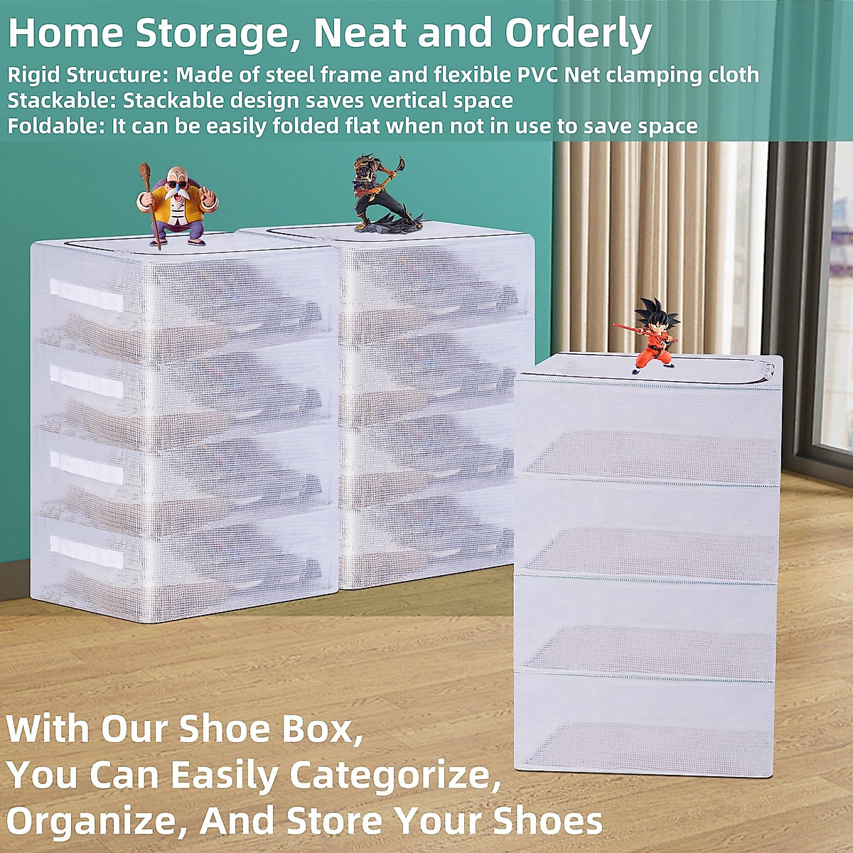 COAINNER Shoe Organizer for Closet, 16-Inch Shoe Storage Containers Boxes with Metal Frame, Clear Cover, Foldable, Stackable (1 Pack)