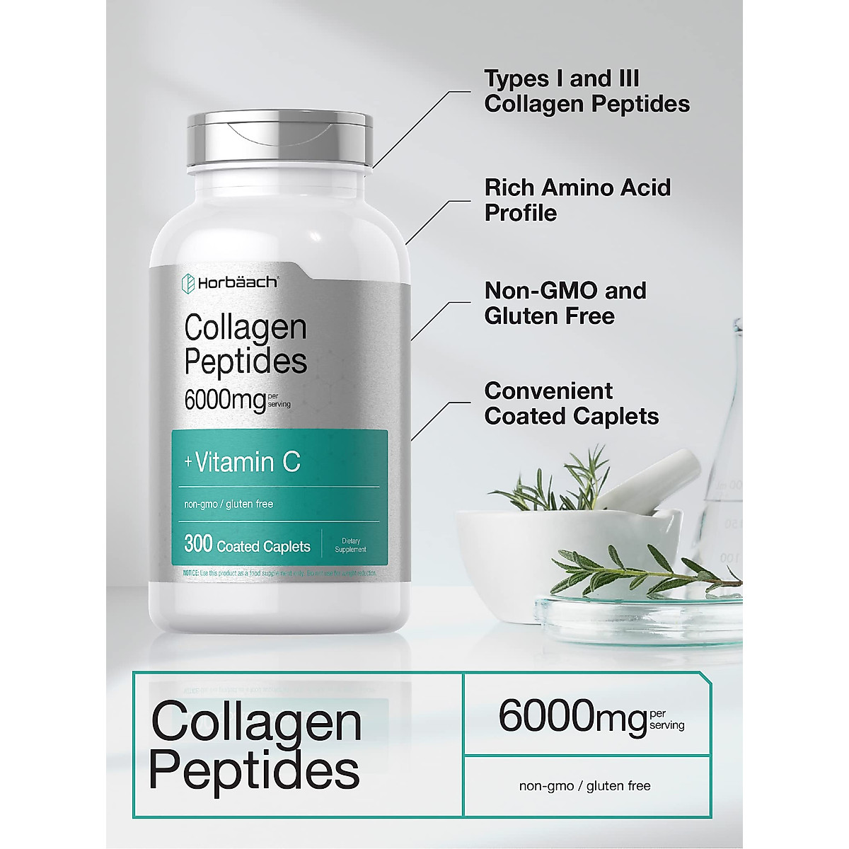 Horbäach Collagen Peptides 6000mg | 300 Caplet Pills | with Vitamin C | Hydrolyzed Collagen Supplement | Non-GMO, Gluten Free