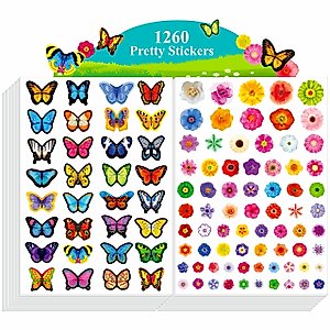 1260 PCS Butterfly & Flower Stickers, 24 Sheets Colorful Springtime Blossom Stickers Insect and Plant Stickers Spring Themed Party Supplies Decorations for Kids Teachers Classroom (Non White Edge)