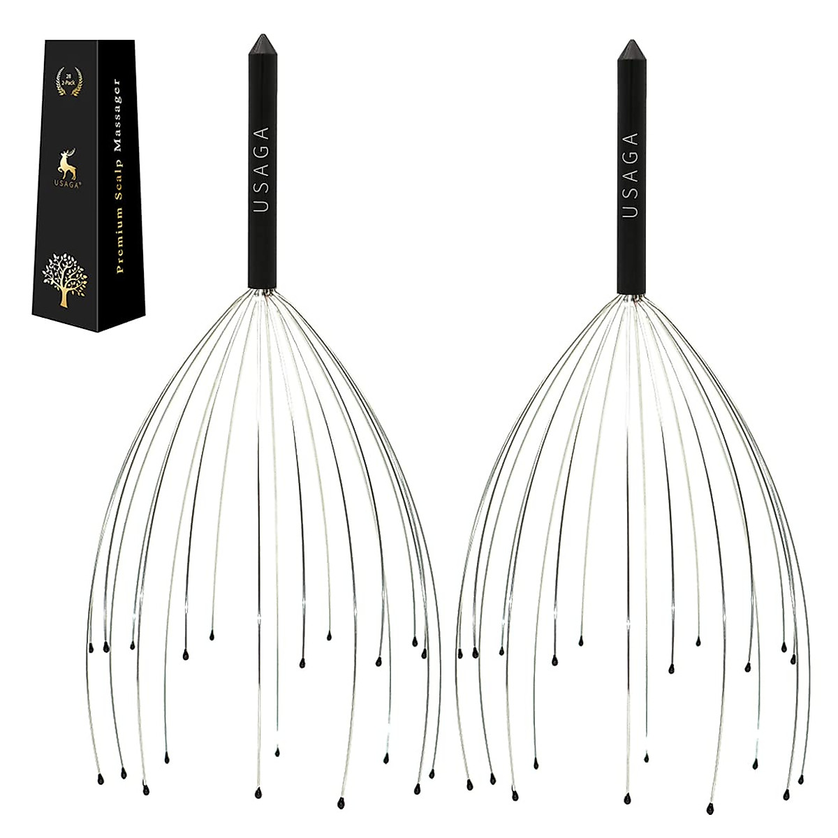 USAGA Head Massager Scalp Massager 20 Fingers Head Scratcher for Head Body Relaxing (Black & Black)