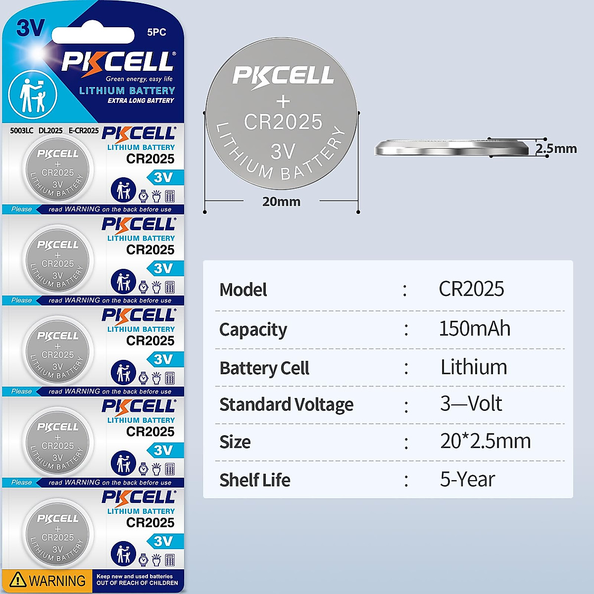 PKCELL 5Pcs CR2025 Battery CR 2025 3V Lithium Coin Battery for Car Key Fob, Remote Control