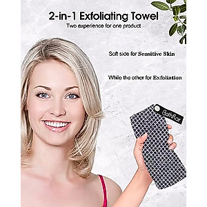 Bathflor Exfoliating Shower Towel with Clip Strap, Exfoliating Washcloth with 2 Sides for Washing & Scrubbing, Premium Japanese Scrub Wash Cloth, Quick Drying, 40inch Length (1 Pack-W)