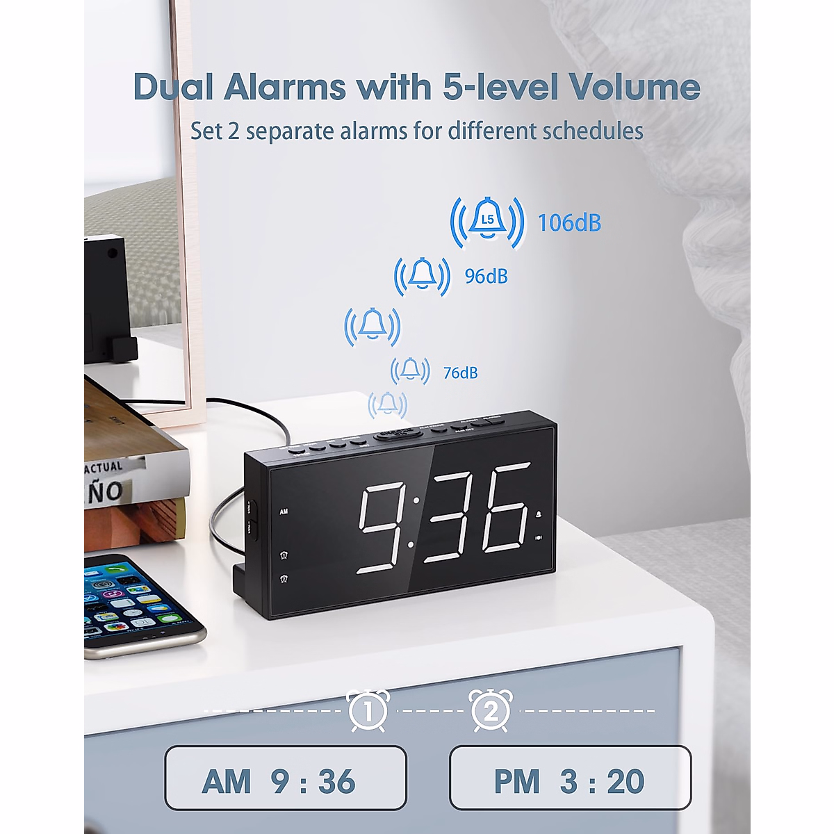 Loud Alarm Clock with Bed Shaker for Heavy Sleeper, Dual Vibrating Alarm Clock with USB Charger for Hearing-impaired Deaf, 7.5’’ Large LED Display with Dimmer, Snooze, 12/24H & Battery Backup