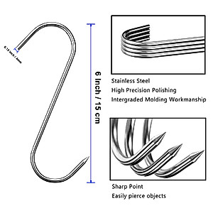 12 Pcs Meat Hooks, 5 Inch Butcher Hooks Stainless Steel (4MM Diameter), S Shaped Meat Processing Hooks for Hanging Bacon, Sausage, Hunting Smoking Ribs, Drying, Grillling BBQ For Kitchen, Market