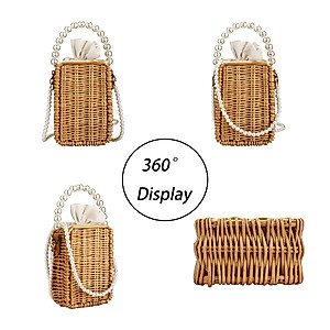 Buric Crossbody Bags for Women Beach Straw Purse Lightweight Women's Crossbody Handbags Fashion Pearl Shoulder Bag Retro Straw Handmade Bag Summer Basket Purse (Rectangle)