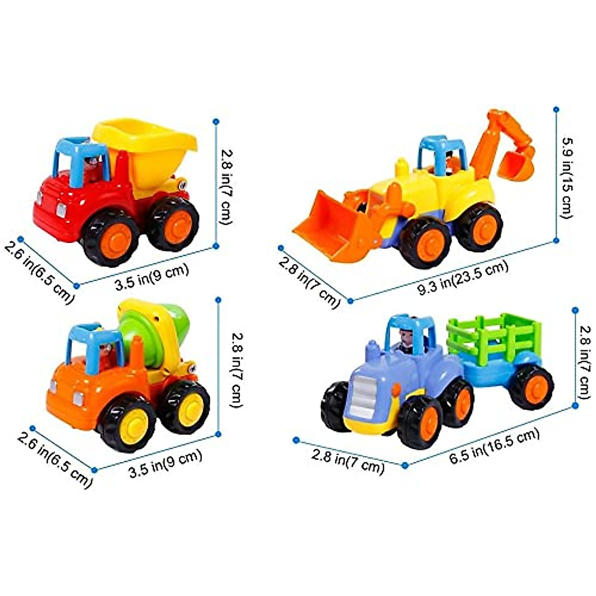 4 Pack Friction Powered Cars Set, Educational Vehicles Toy Gifts for Kids Toddler Baby 18 month +, Push and Go Bulldozer Tractor Dumper Cement Mixer Engineering Trucks Toys for Boys Girls Birthday