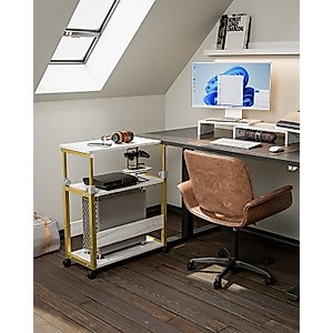 HMFOR Computer Tower Stand with Height Adjustable, PC Stand for Under Desk, Moblie Computer Case Tower, 3-Tier Computer Cart with Rolling Wheels for Home Office Gaming Case, Faux White Marble