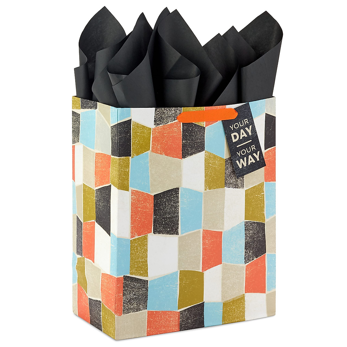 Hallmark Wrap 13" Large Gift Bag with Tissue Paper, 130, Orange, Blue, Green, Black