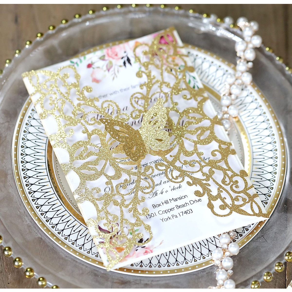 50sets Glitter Laser Cut Lace Flora Wedding Invitation Cards with Butterfly and Envelopes for Bridal Shower Engagement Quinceañera Wedding Invite (Only invitation Cards, Glitter Gold)