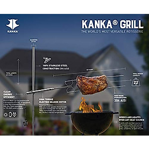 The KANKA GRILL: Heavy Duty Rotisserie Grill for Home + portable for Outdoors. Electric Motor works with 110-240V or batteries. Cook over any grill or fire. ALL steel professional grade equipment