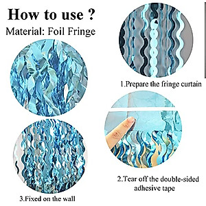 3 Pack 3.2 ft x 6.6 ft Teal Blue Matte Wavy Fringe Foil Curtains Photo Backdrop for Mermaid Birthday Party Decorations,Under The Sea Party Decorations