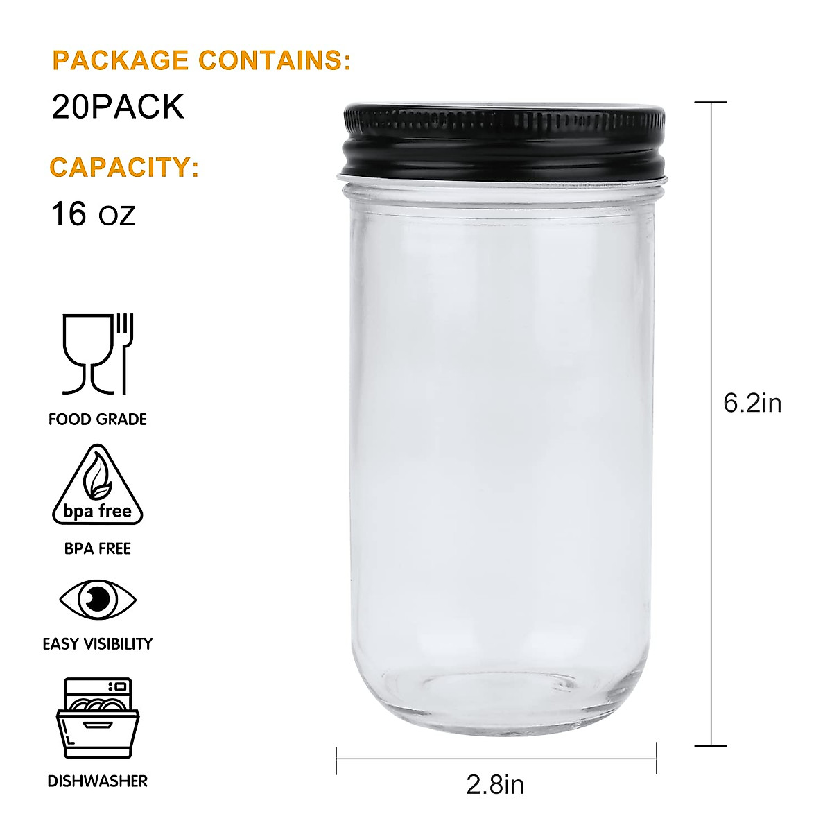 QAPPDA 12 Ounce Mason Jars,Clear Regular Mouth Glass Jars with Black Lids Set of 20,350ml Canning Jars Kitchen Storage Jars for Spice,Honey,Jam,Wedding Favor