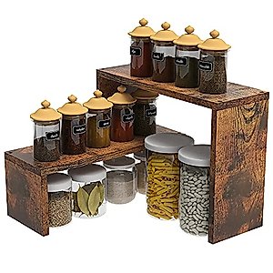 GiftGo 2 Tier Stackable Expandable Corner Spice Rack for Kitchen Countertop Cabinet & Pantry Organizer Rustic Brown Wooden Corner Shelf Rack for Desktop Storage