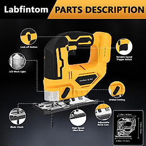 Jig Saw for Dewalt 18V/20V Max Battery, Cordless Jigsaw Tool Brushless Motor, Up To 2900 RPM, 45 Degree Beveled Cuts, LED Light for 4 Curve Cuttings, Plastic Box Include for Easy Carry (No Battery)