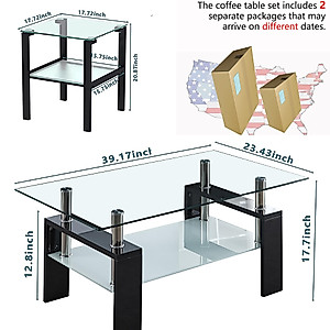 Glass Coffee Table End Table Sets of 3 for Living Room, Mordern Sofa Side Tables with Storage, Corner Table with Black Metal Leg, Rectangle Tempered Center Table Home Furniture Set