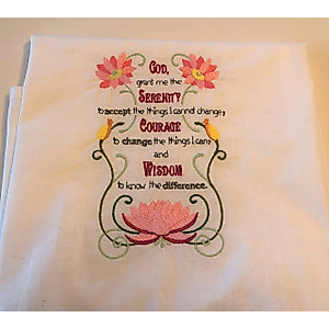 Serenity prayer embroidered flour sack tea towel, dish towel, choice of flower and large text color, machine embroidery,