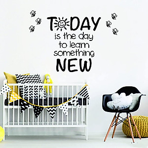 ANFRJJI Love Learning, Start Now Inspirational Words Wall Decal - Little Bee and Sun Smile PVC Removable Wall Sticker for Student and Kids Room Decor -Effect 26"x37"inch (black-JWH255-Today)