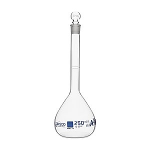 EISCO Volumetric Flask, 250ml - Class A, ASTM - Tolerance ±0.120 ml - Glass Stopper - Single, Blue Graduation
