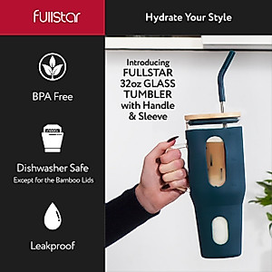 fullstar Glass Cups with Lids and Straws - Drinking Glasses, Glass Tumbler with Straw and Lid, Iced Coffee Cups, Glass Coffee Cups with Bamboo Lids (Dark Teal, 1 Pack)