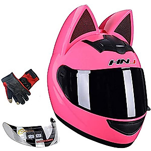 Cat Ear Motorcycle Helmet,Men and Women Cool Cute Cat Full Face Helmet,DOT Certification Standard,Suitable for All Seasons,Pink,M