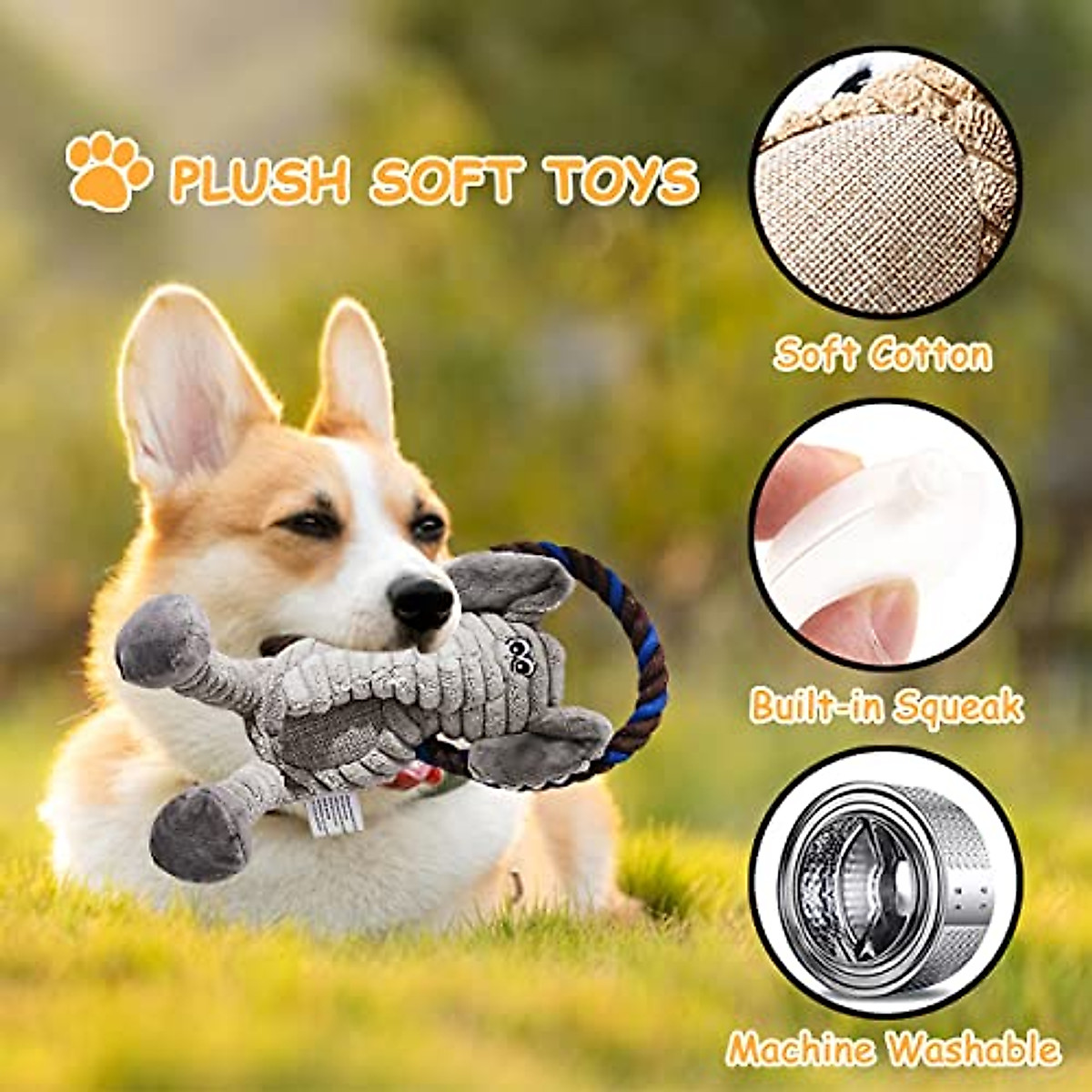 havidodo Squeaky Dog Toys, 3 Pack Puppy Toys, Durable Dog Toys for Small Medium Dogs Breed, Plush Dog Toys Bulk Set, Stuffed Dog Toys Pack with Rope, Tough Puppy Chew Toys for Teething